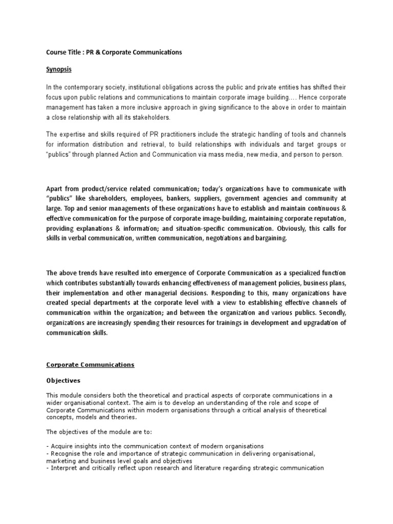 PR & Corp Comm Course | PDF | Public Relations | Strategic Communication