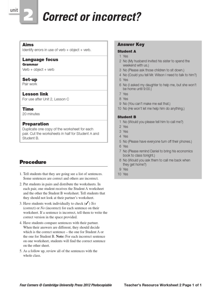 Correct or Incorrect?: Aims Language Focus Answer Key | PDF | Object ...