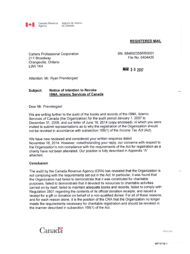 CRA's Intention to Revoke Letter to ISNA, Islamic Services of Canada ...