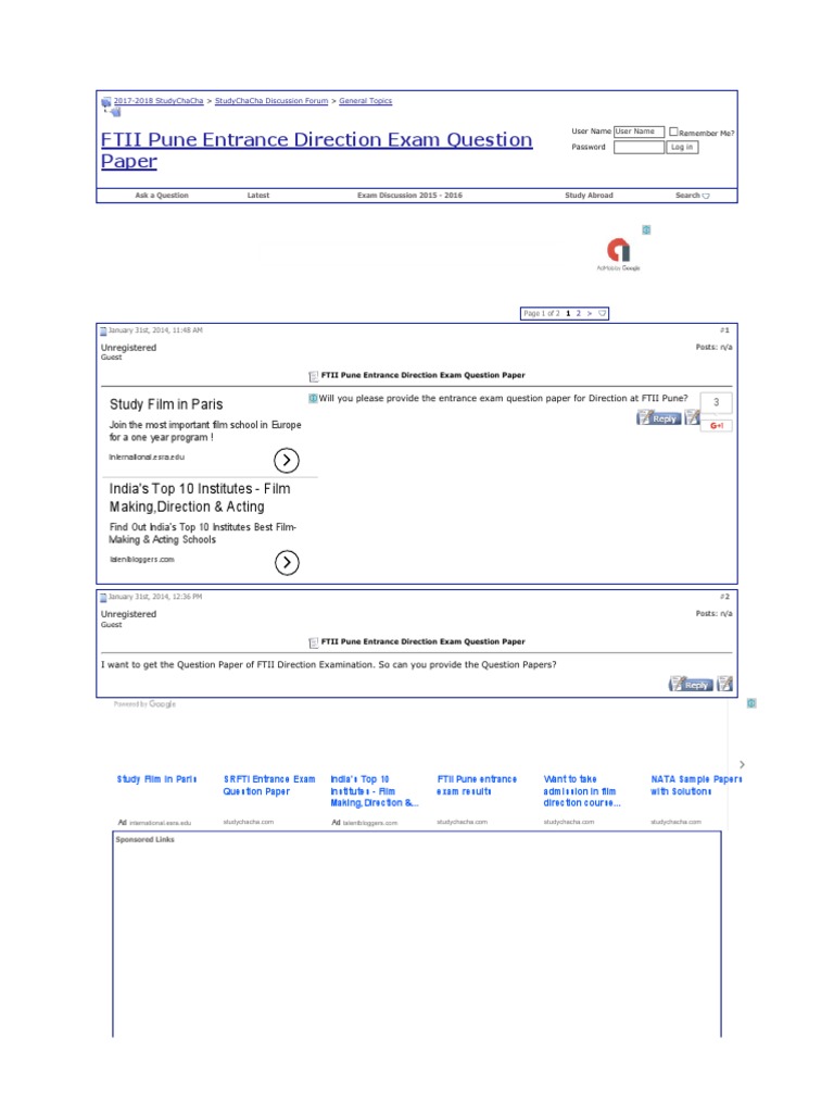 FTII Pune Entrance Direction Exam Question Paper: Study Film in Paris ...