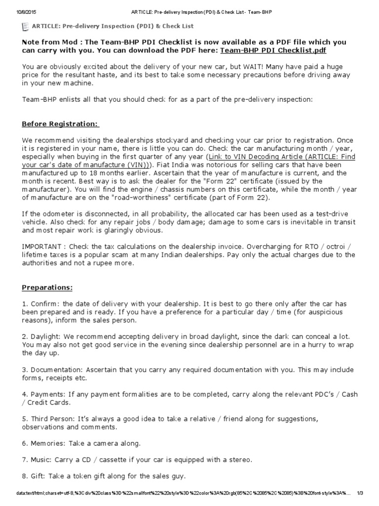 ARTICLE - Pre-Delivery Inspection (PDI) & Check List - Team-BHP | PDF ...