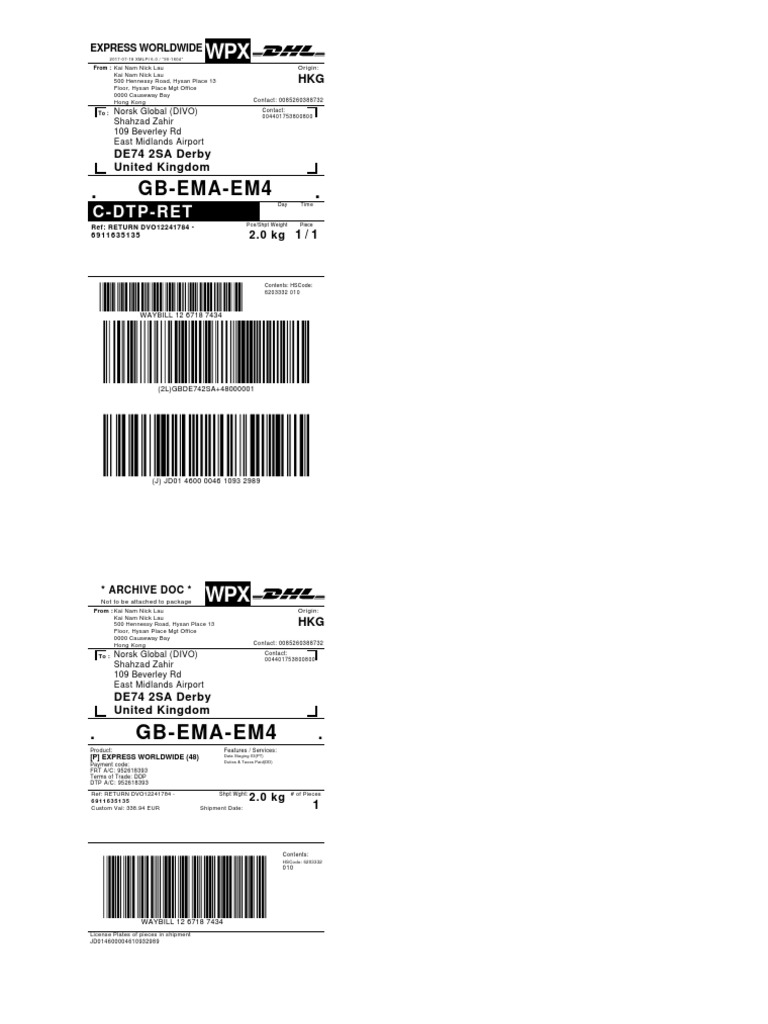 WPX DHL Express Worldwide Shipment | PDF