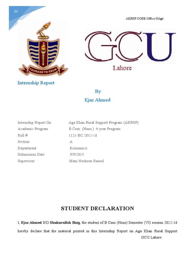 Internship Report by Ejaz Ahmed: Student Declaration | PDF | Gender And ...
