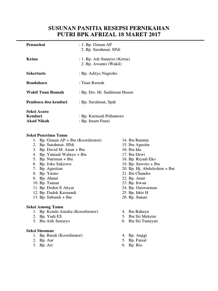 Susunan Panitia Resepsi Pernikahan | PDF