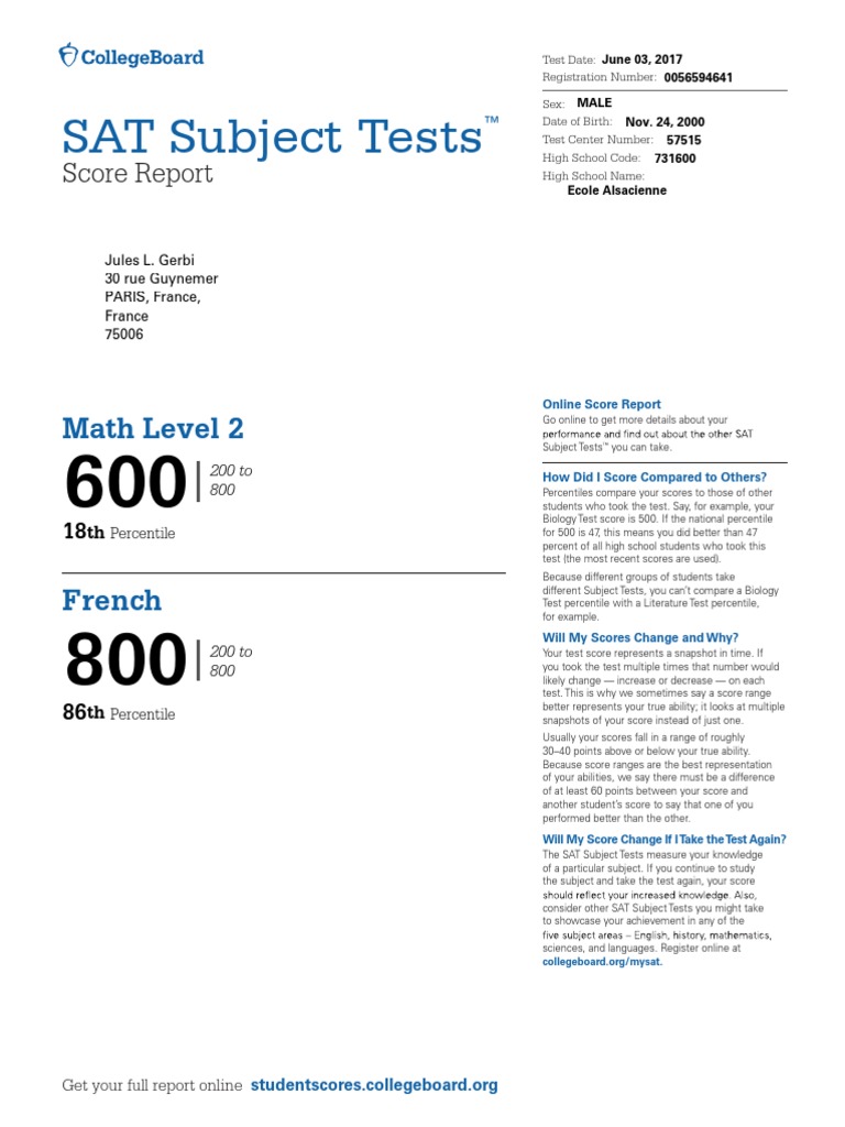 SAT Subject Tests: Score Report | PDF | Sat | Tests
