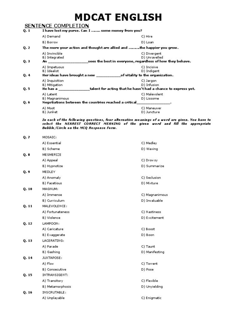 MDCAT English Practice Test | PDF