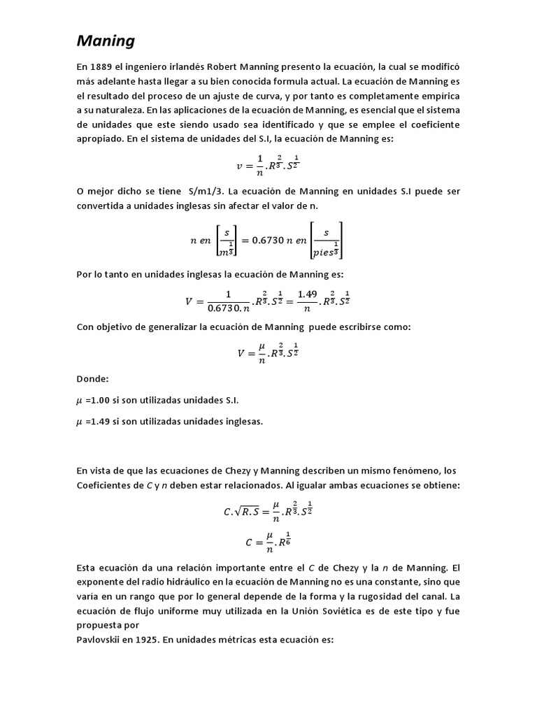 Manning | PDF | Descarga (hidrología) | Ecuaciones