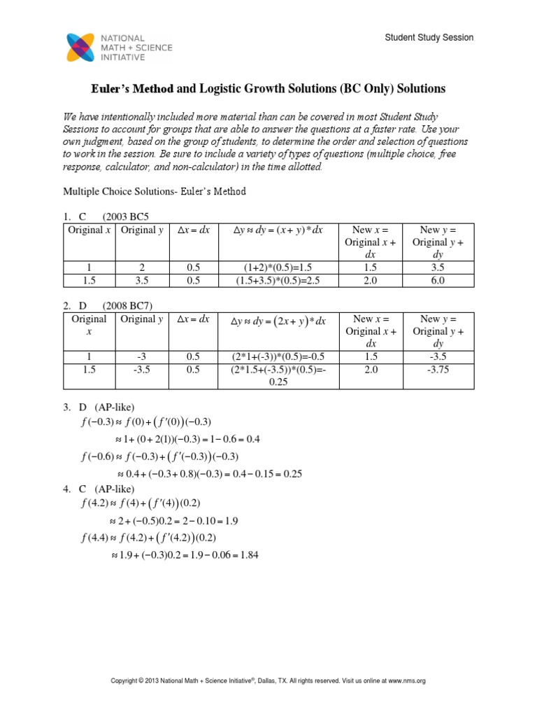 Euler's Method and Logistic Growth Solutions (BC Only) Solutions | PDF ...