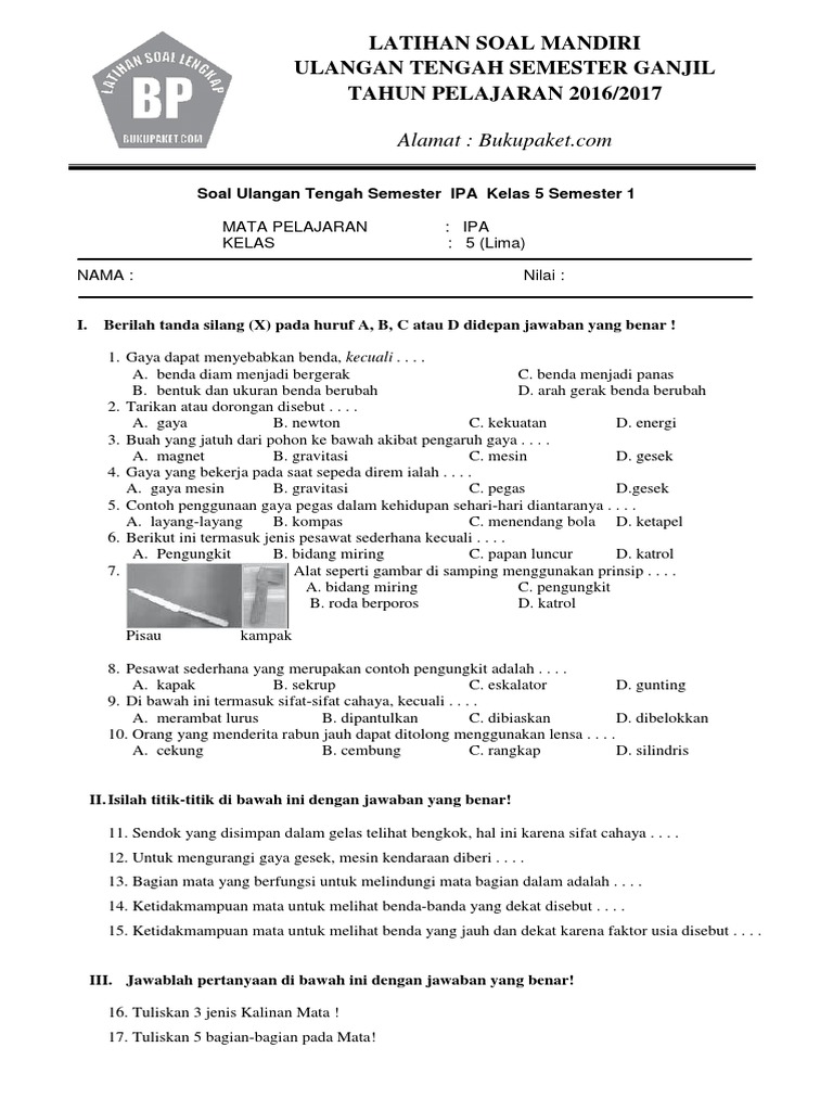 Soal UTS IPA Kelas 5 SD Semester 1 Soal UTS IPA Kelas 5 SD Semester 1