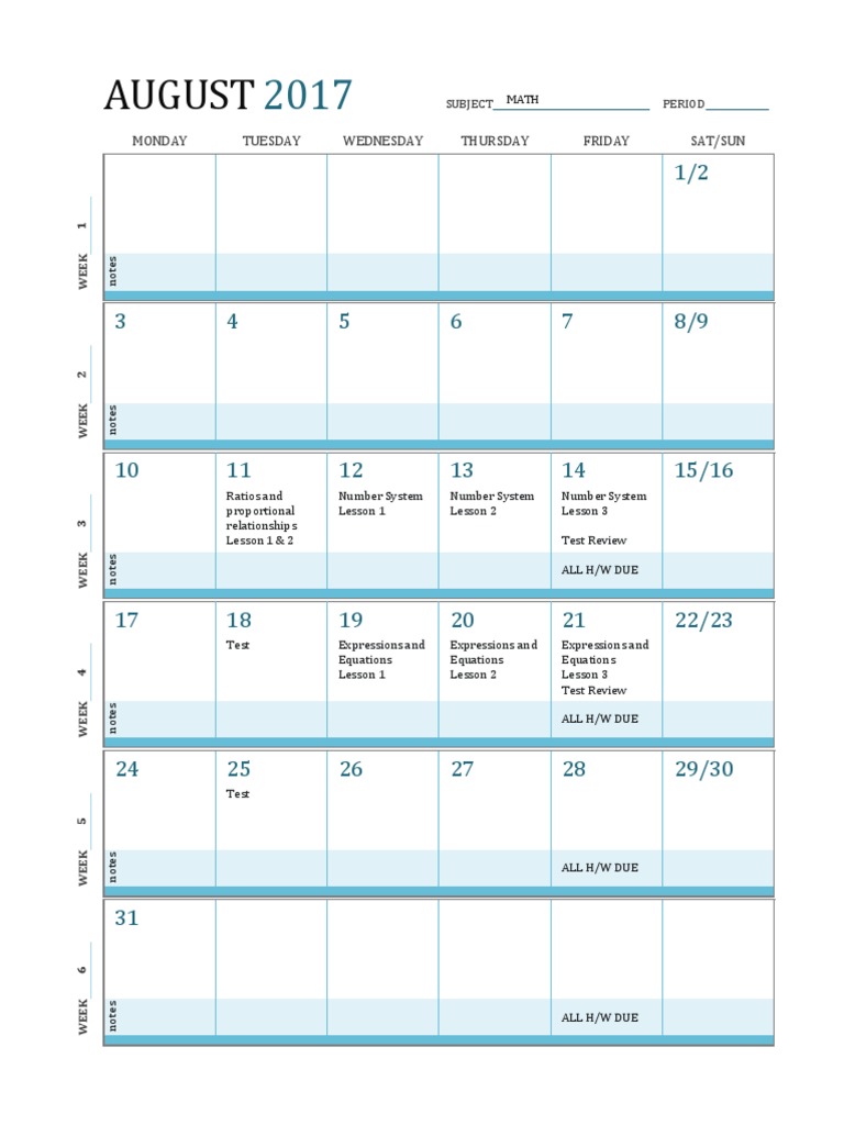 August: Monday Tuesday Wednesday Thursday Friday Sat/Sun | PDF