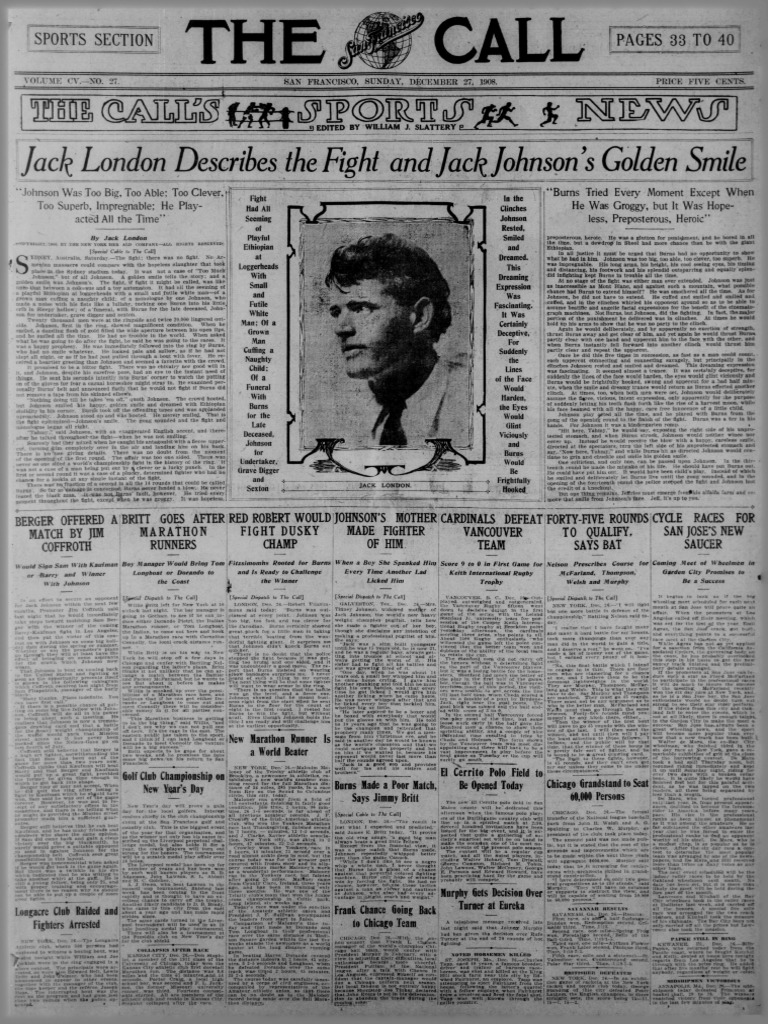 Jack London Describes The Fight and Jack Johnson's Golden Smile | PDF