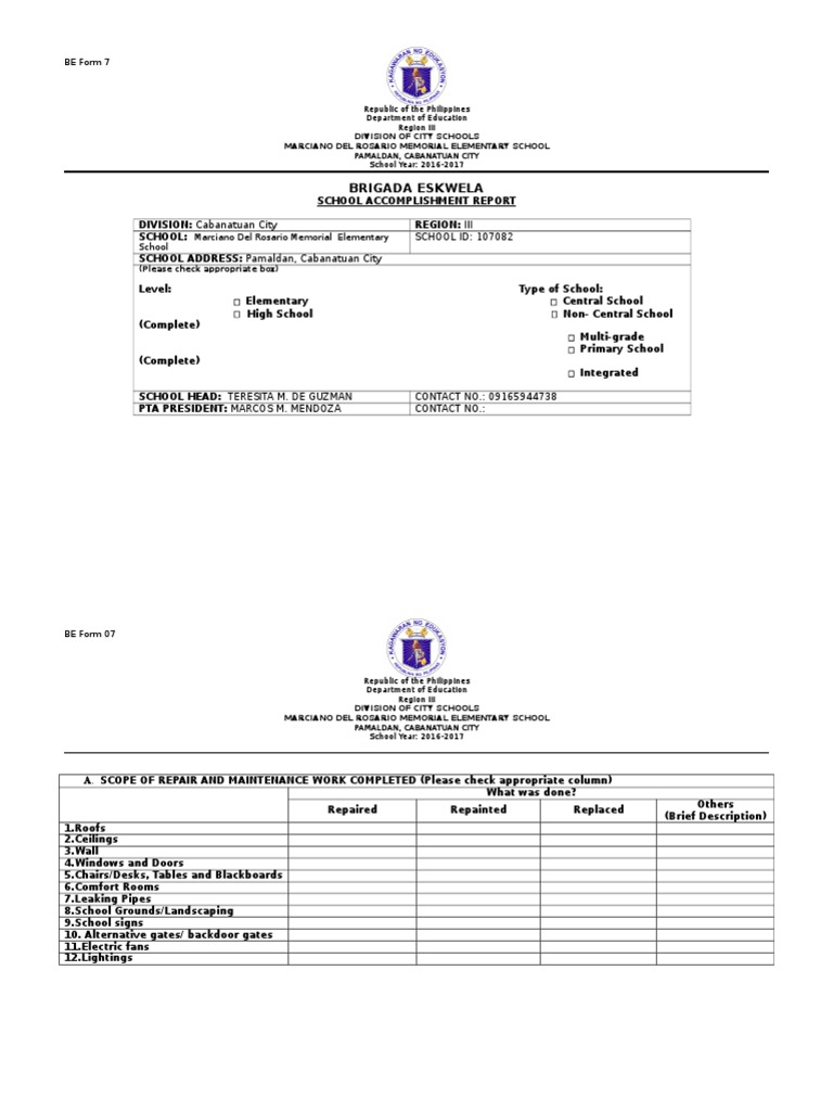 Be Form 7 - School Accomplishment Report | PDF | Buildings And ...