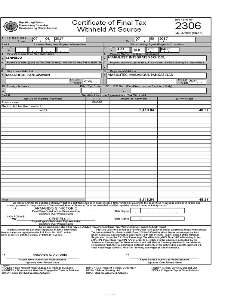 Form 2306 Witn Computation Electric Bill | Withholding Tax | Dividend