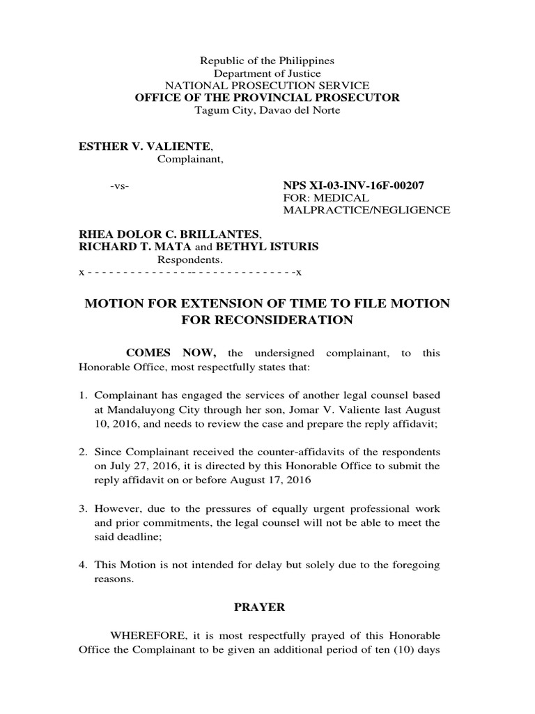 Motion For Extension MR | PDF | Legal Procedure | Courts