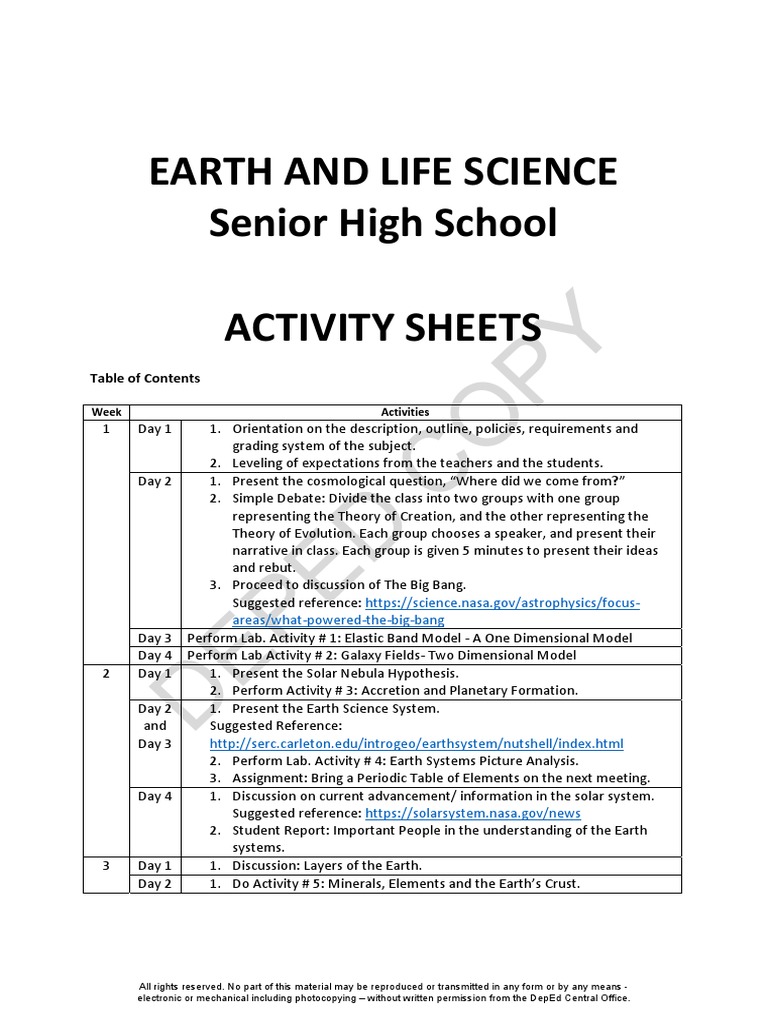 Earth and Life Science Activity Sheets | PDF | Cosmic Dust | Cloud