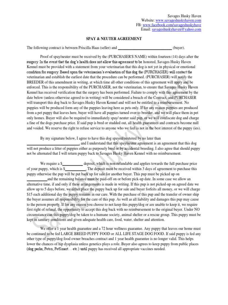 Spay, Neuter, and Questionnaire Puppy Contract | Download Free PDF ...