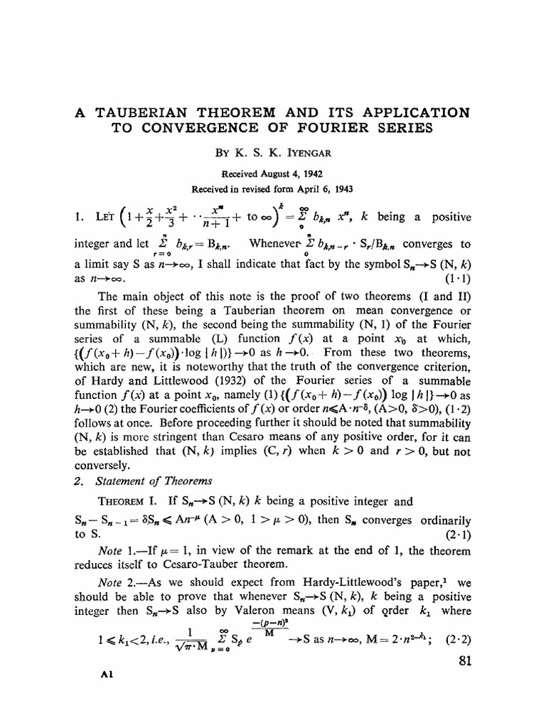 3 A Tauberian Theorem and Its Application To Convergence of Fourier ...