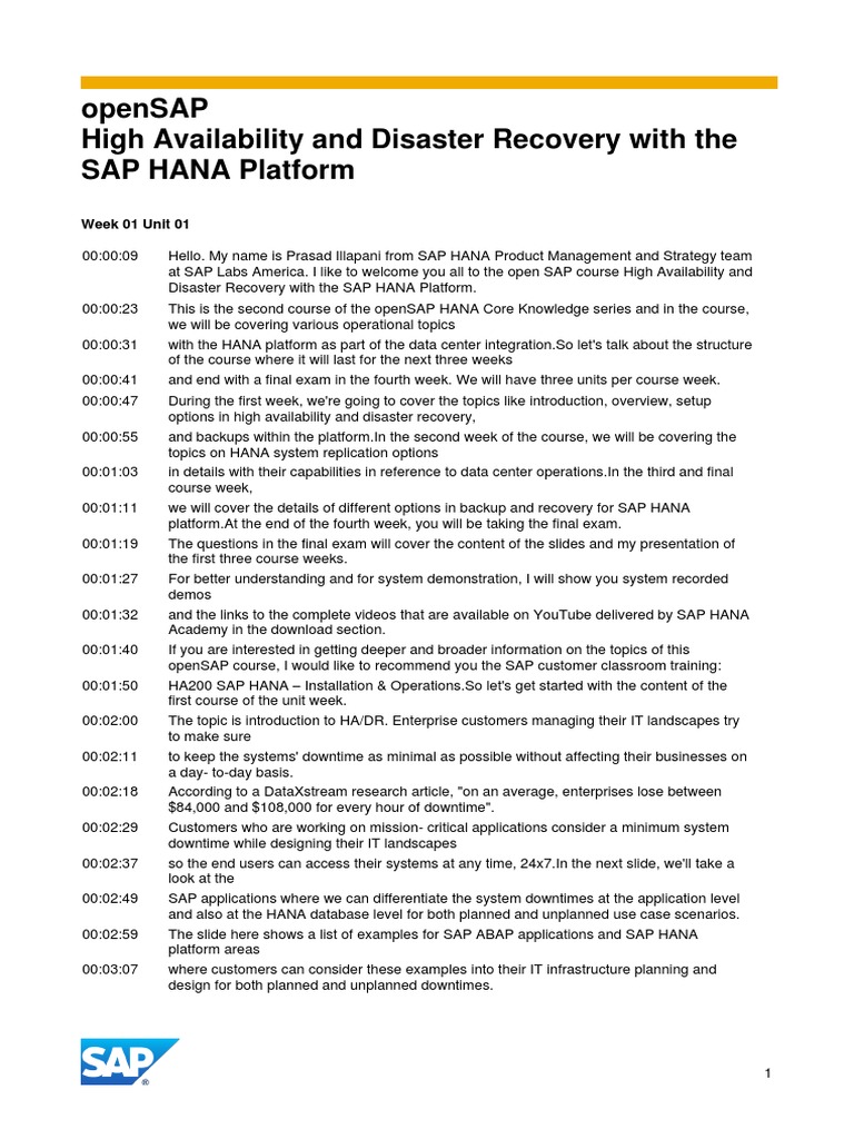 OpenSAP Hshd1 Week 01 Transcript | PDF | Replication (Computing) | Computer Data Storage