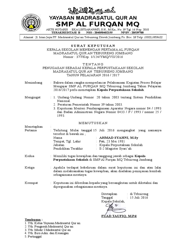 Contoh Sk Kepala Perpustakaan Sekolah Smp Guru Calistung - Riset