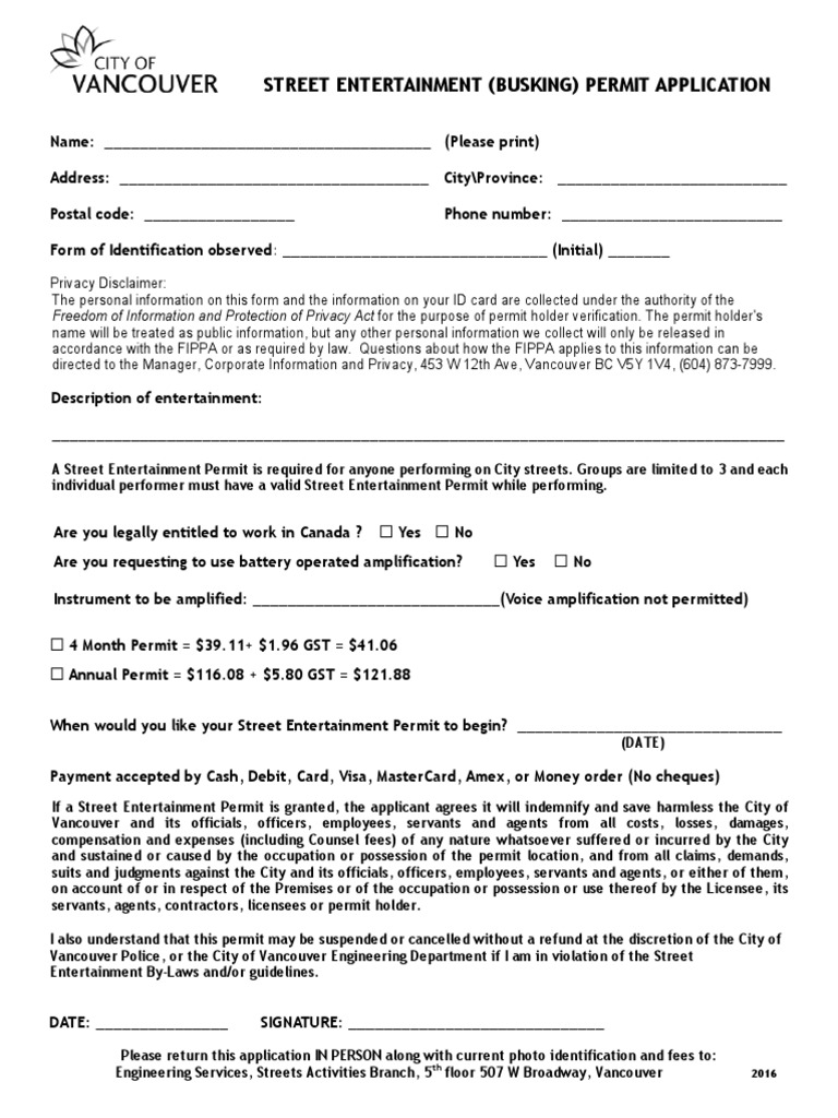Street Entertainment Busking Permit Application Form | PDF | Identity ...