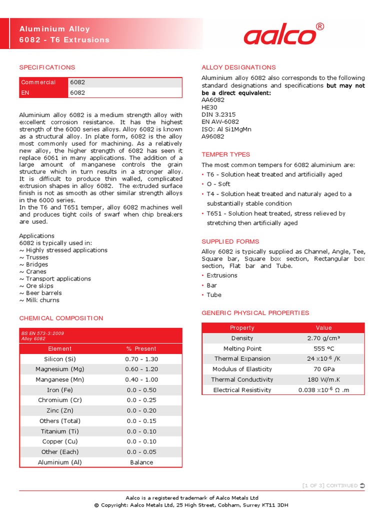 Aalco Metals LTD Aluminium Alloy 6082 T6 Extrusions 338 | PDF ...