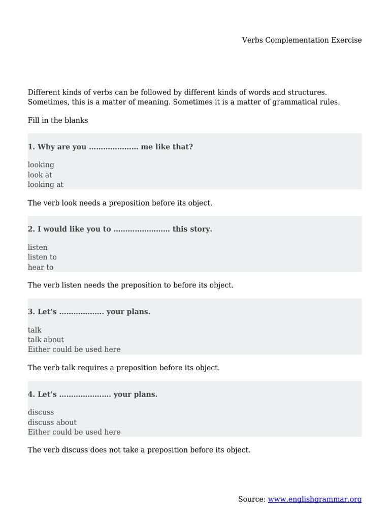 Verbs Complementation Exercise | PDF | Preposition And Postposition | Object (Grammar)