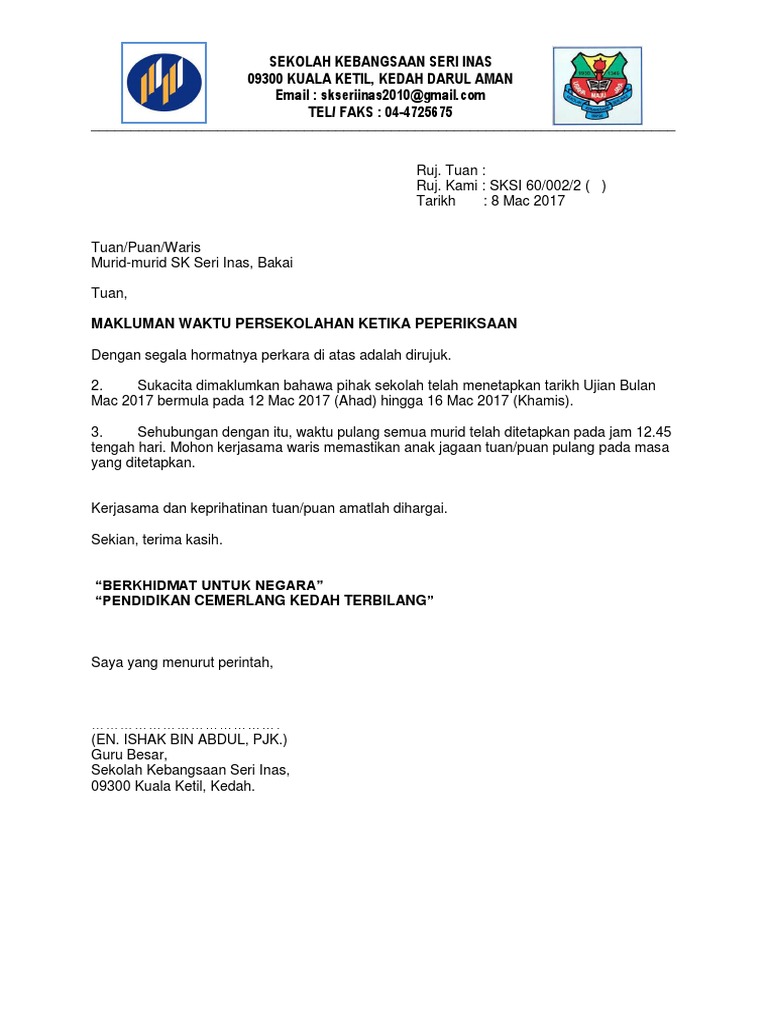 Surat Makluman Balik Awal Periksa | PDF Surat Makluman Balik Awal Periksa | PDF