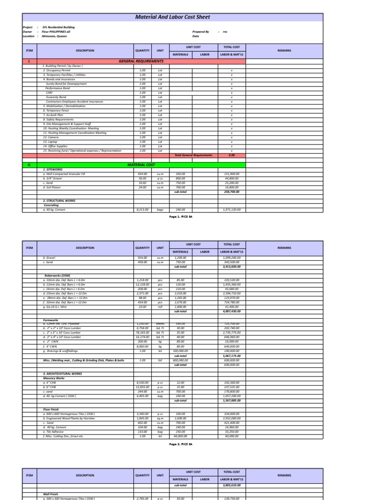 Material and Labor Cost Sheet: I. General Requirements | PDF | Surety ...
