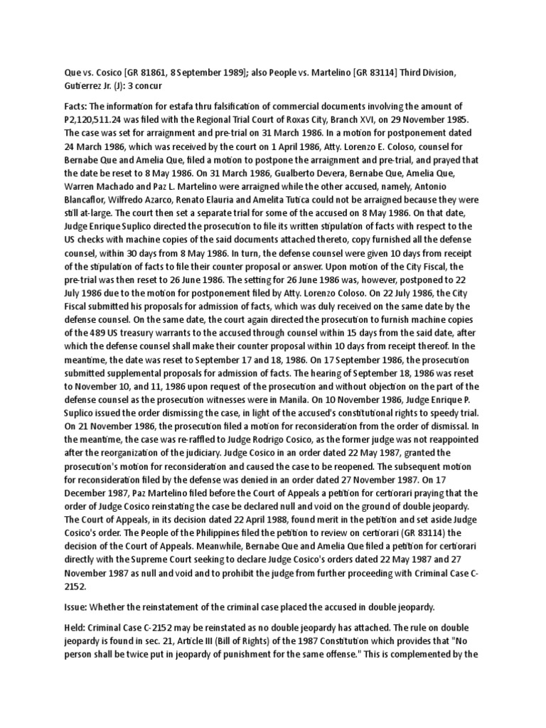 Que Vs Cosico | PDF | Double Jeopardy | Acquittal