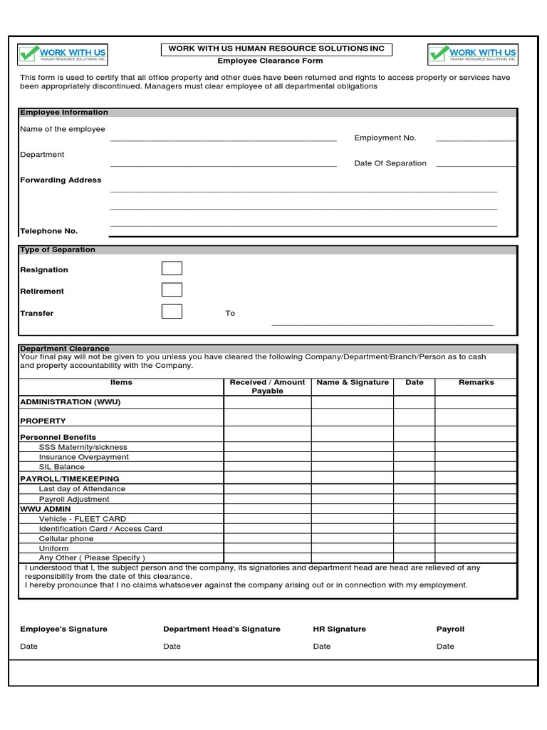 Emp Clearance Form | Payroll | Employment