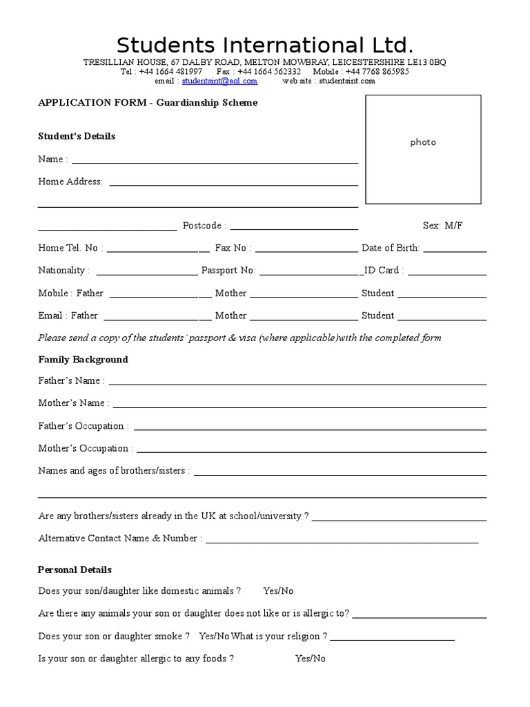 Students International LTD.: APPLICATION FORM - Guardianship Scheme ...