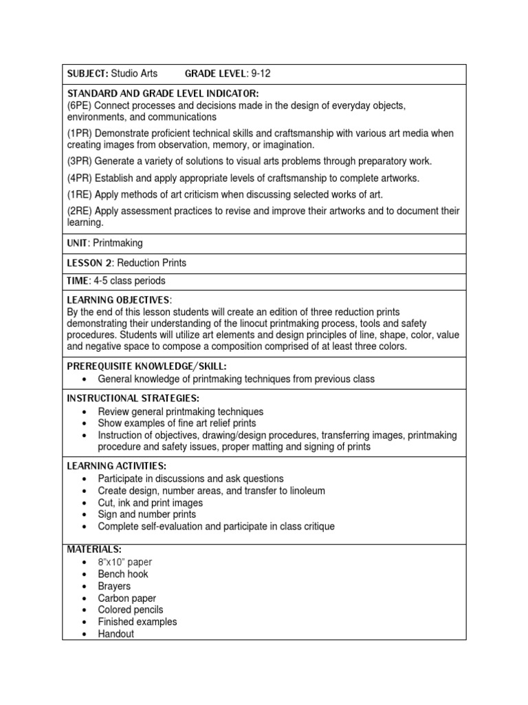 9-12 Lesson Plan | PDF | Printmaking | Design