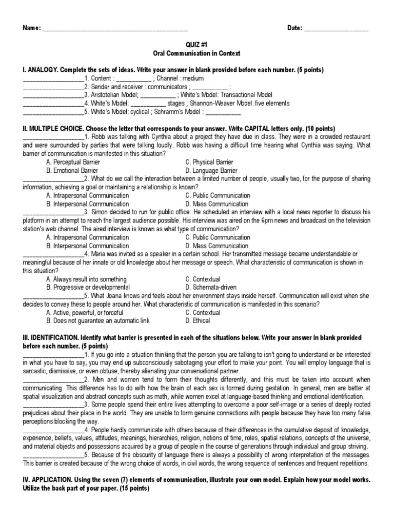 Quiz #1 Oral Comm | PDF | Interpersonal Communication | Communication