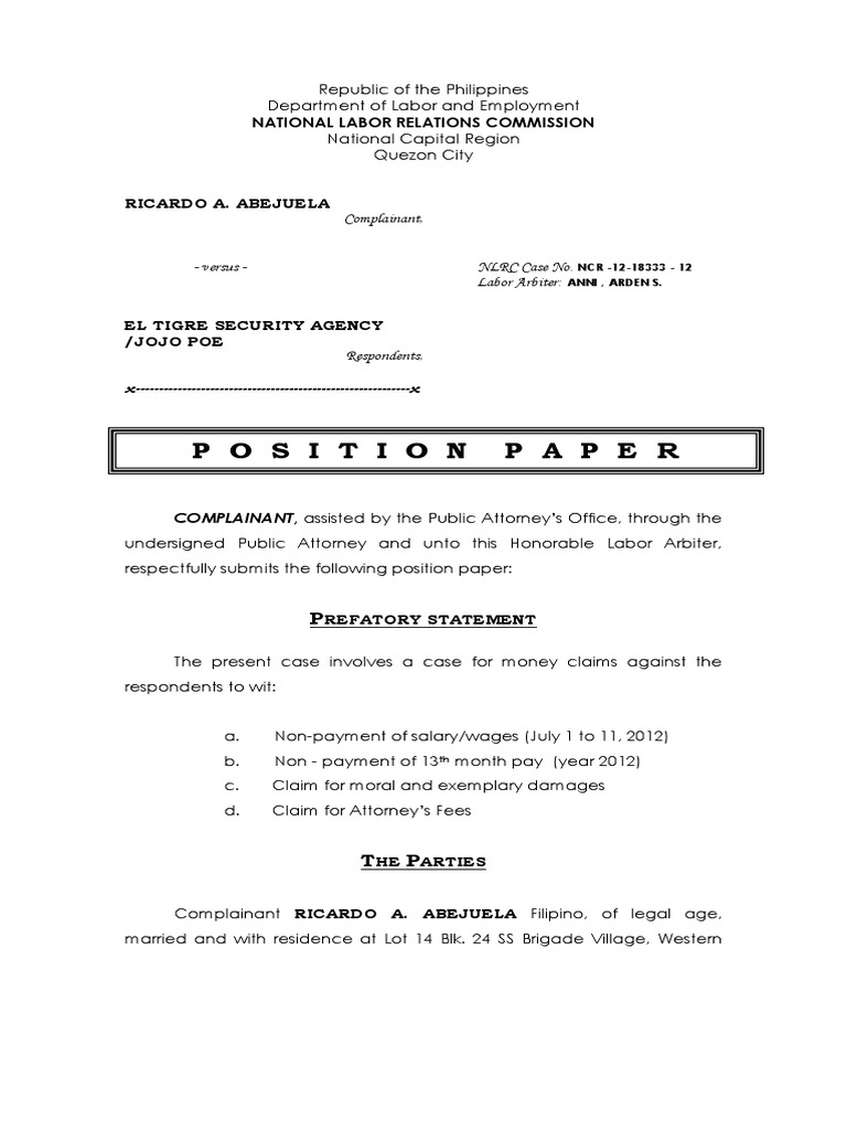 Position Paper - Money Claims Format | PDF | Salary | Damages