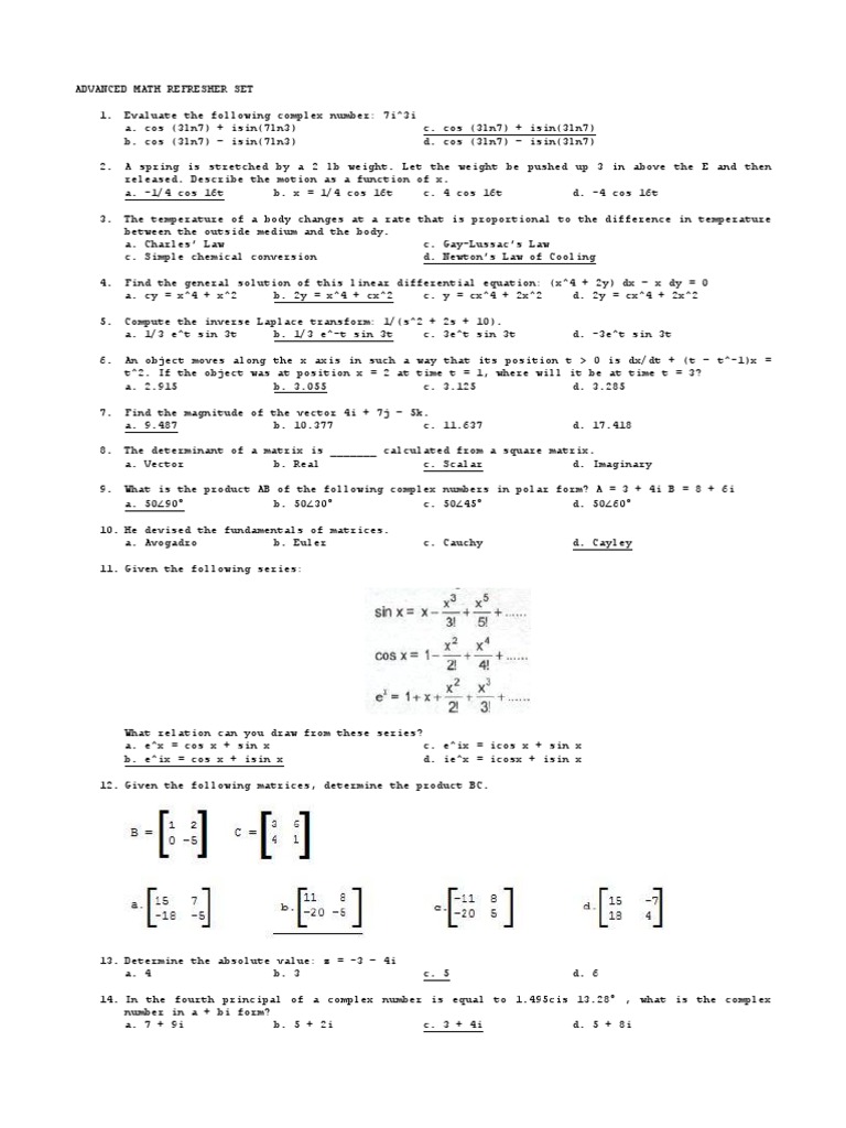 Advanced Math Refresher Set | PDF | Complex Number | Matrix (Mathematics)