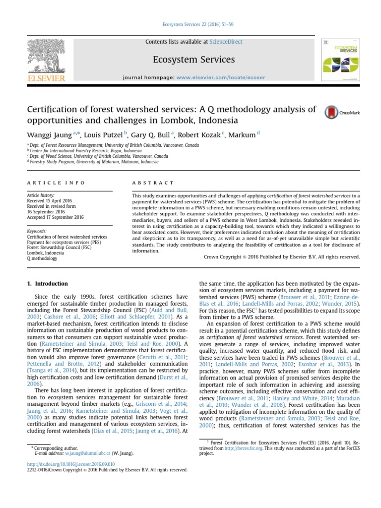 Ecosystem Services: Wanggi Jaung, Louis Putzel, Gary Q. Bull, Robert ...
