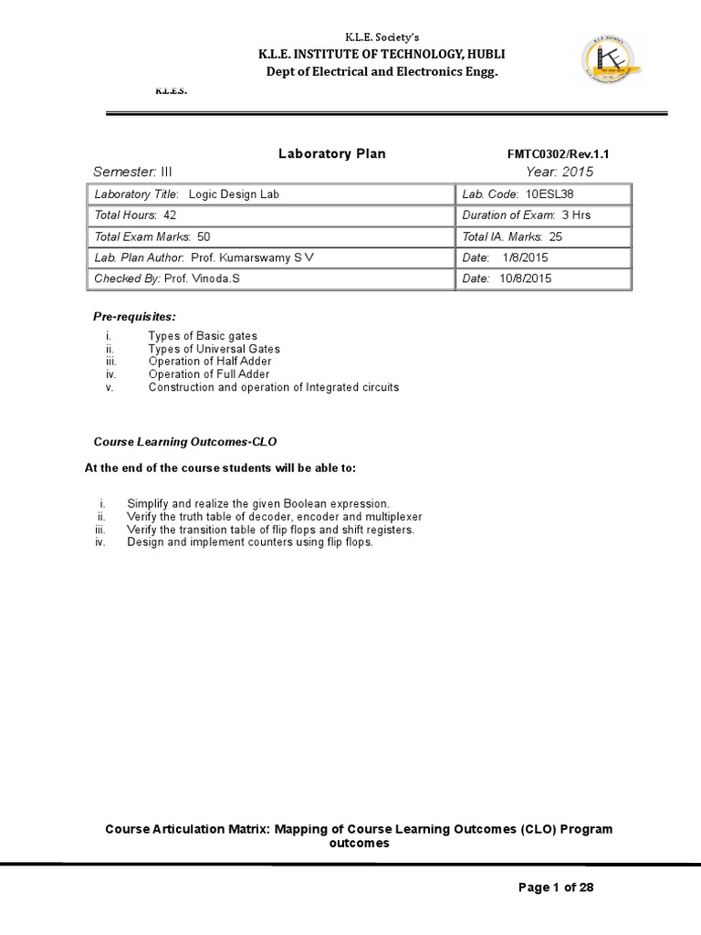 Logic Design Lab Lesson Plan | PDF | Electronic Circuits | Digital ...