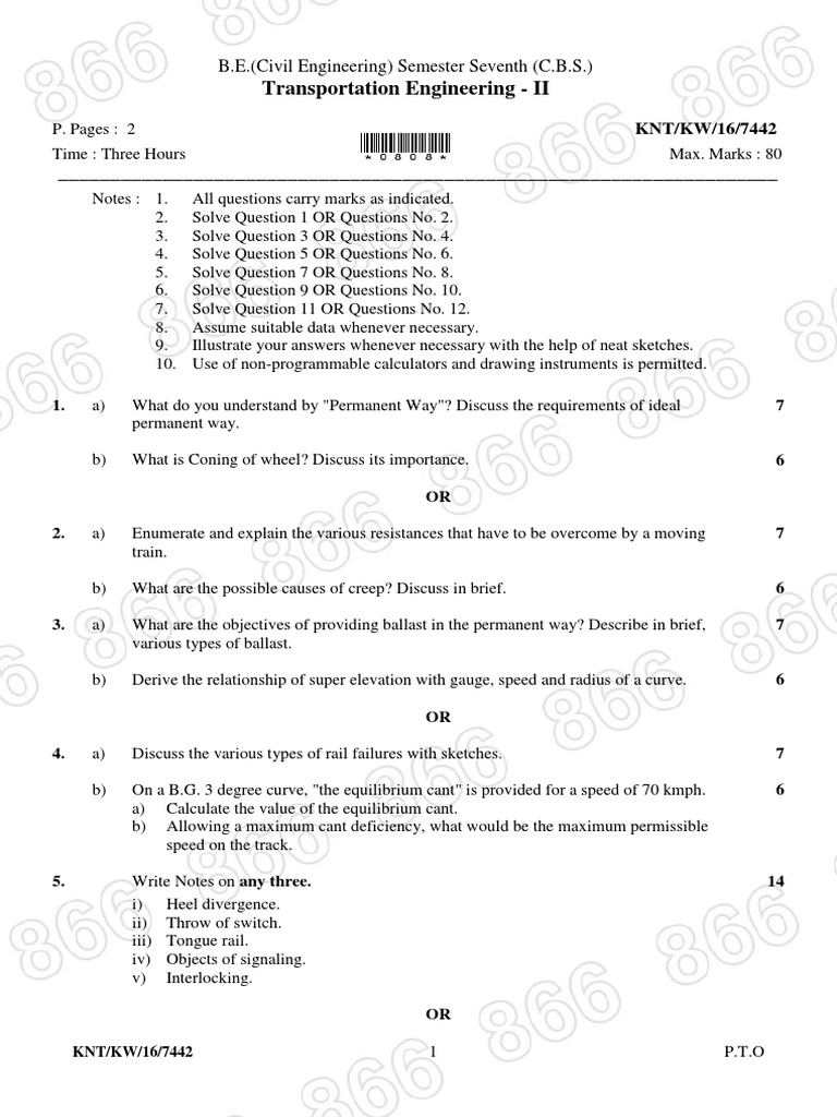 7442 - Subject - Transportation Engineering - II - Year - B.E. (Civil ...