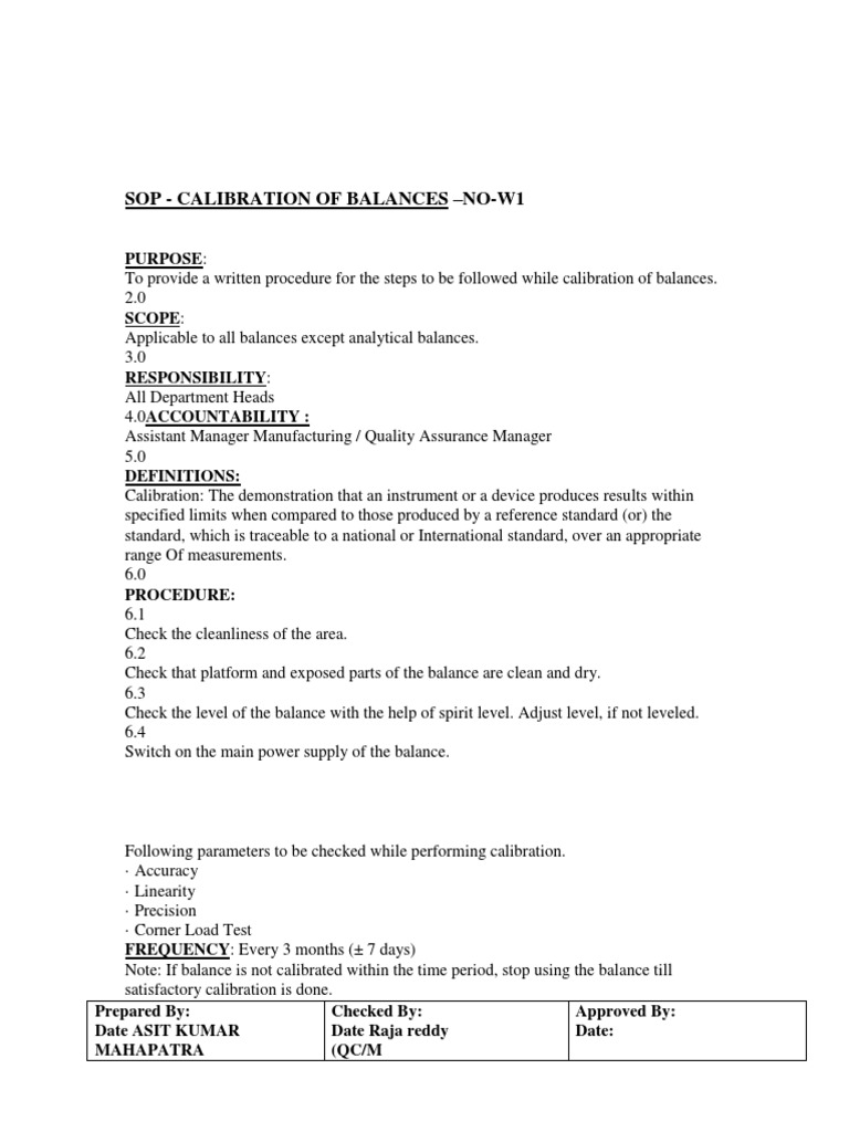 Balance Calibration SOP for Pharma | PDF | Calibration | Accuracy And ...