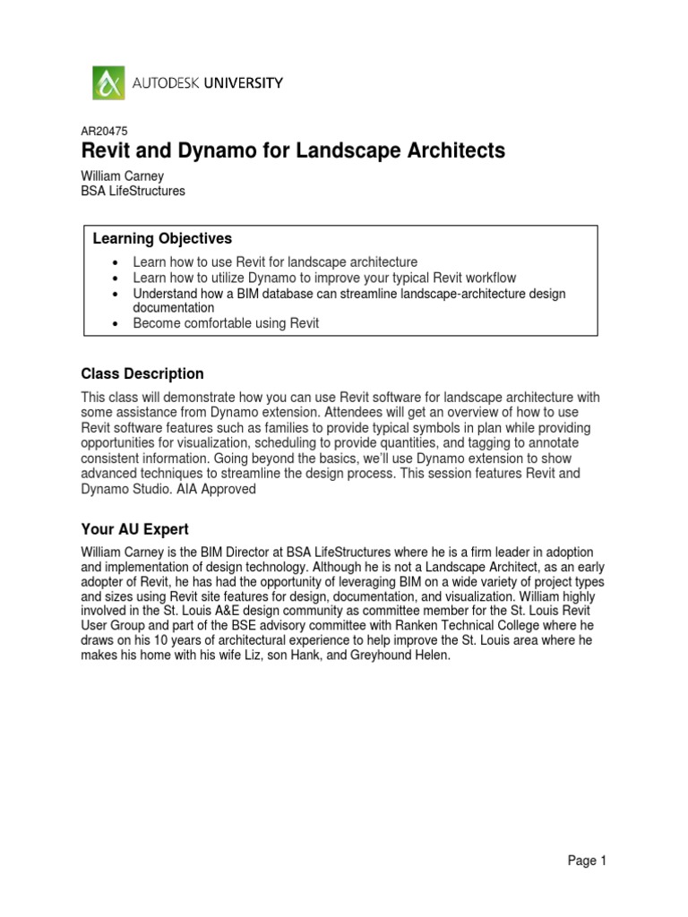 Handout 20475 Au 2016 Class Handout Revit And Dynamo For Landscape Architecture Pdf 