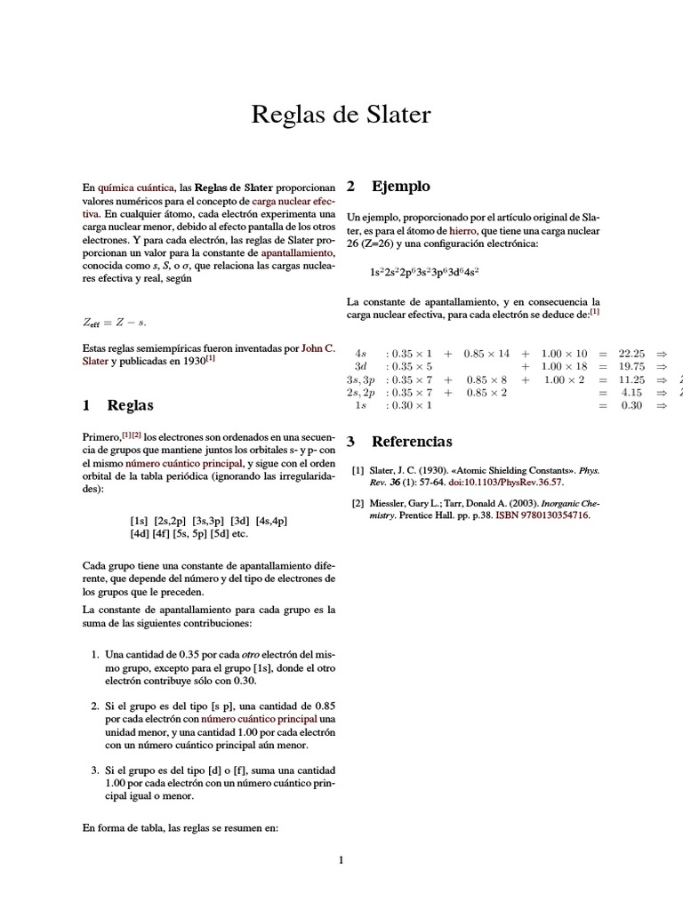 Reglas de Slater | PDF | Química cuántica | Partículas fisicas
