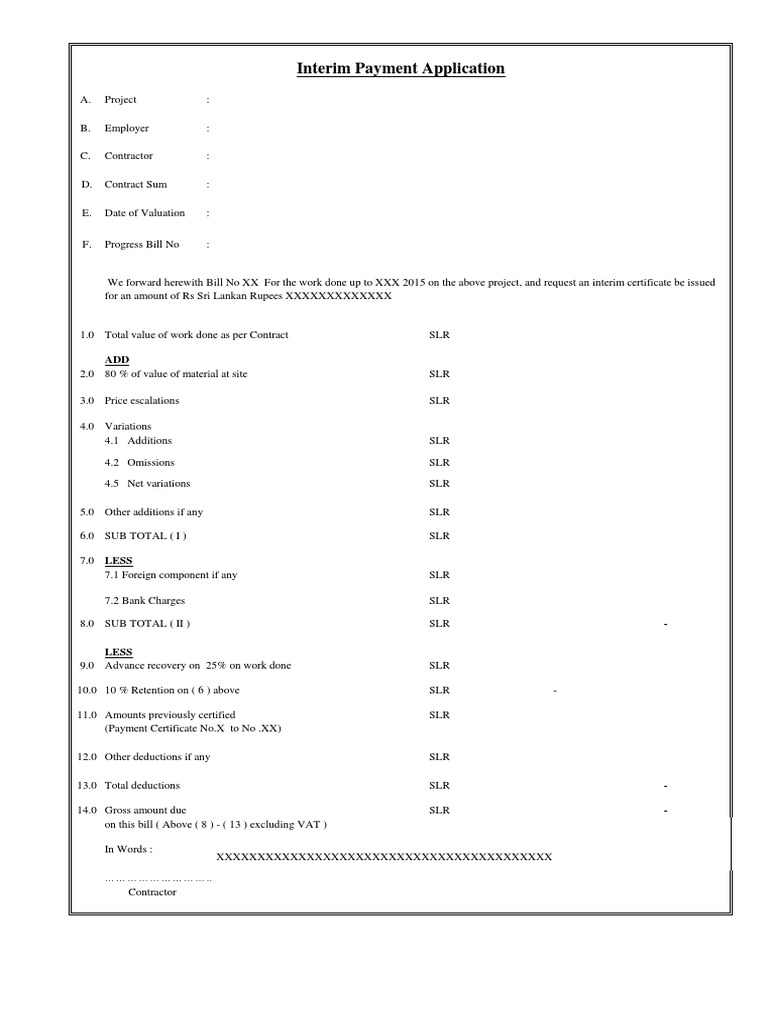 Sample Interim Payment Application
