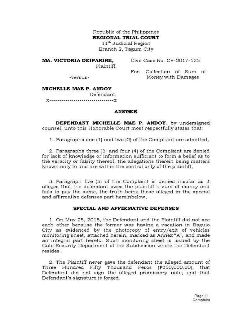 Answer To Complaint | PDF | Lawsuit | Complaint