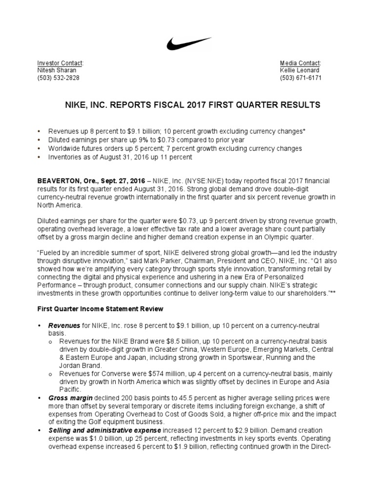 NIKE Inc Q117 Press Release PDF | Revenue | Futures Contract