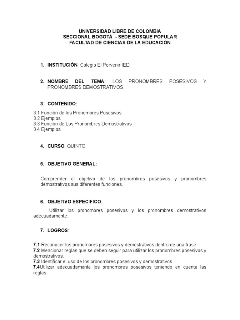 Plan de Clase Pronombres Demostrativos y Posesivos | PDF