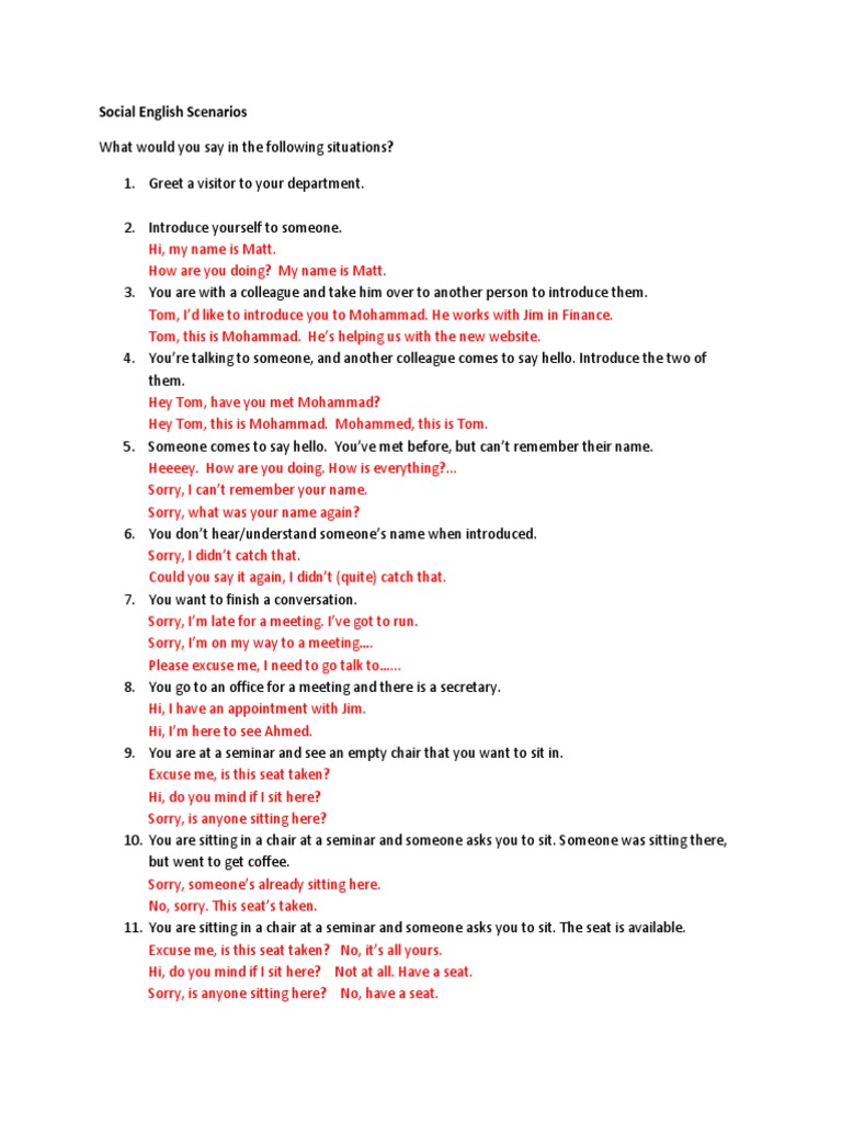 Social English Scenarios (With Answers) | PDF