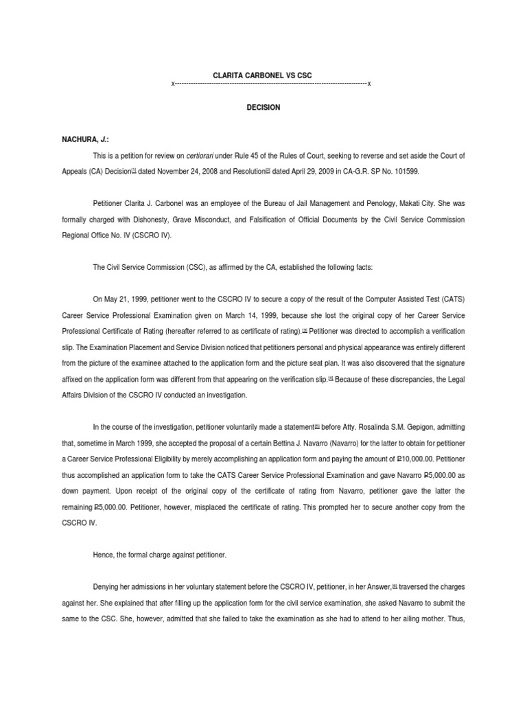 Carbonel vs. CSC: Dishonesty Case Review | PDF | Dishonesty | Appeal