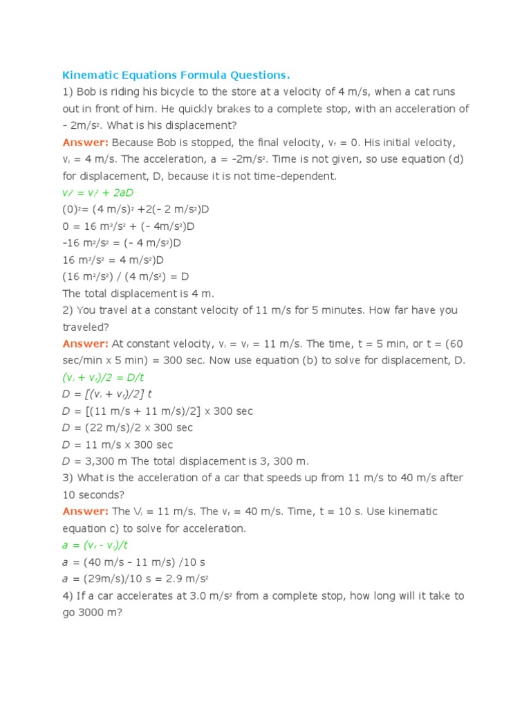 Kinematic Equations Formula Questions | PDF