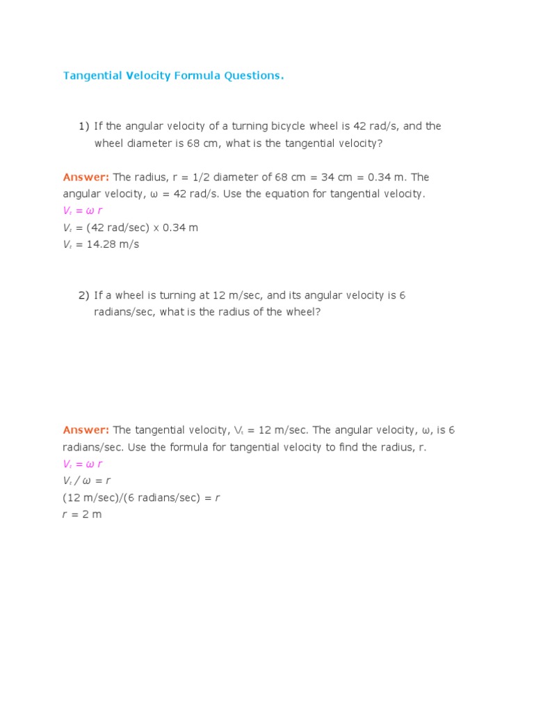 Tangential Velocity Formula Questions | PDF