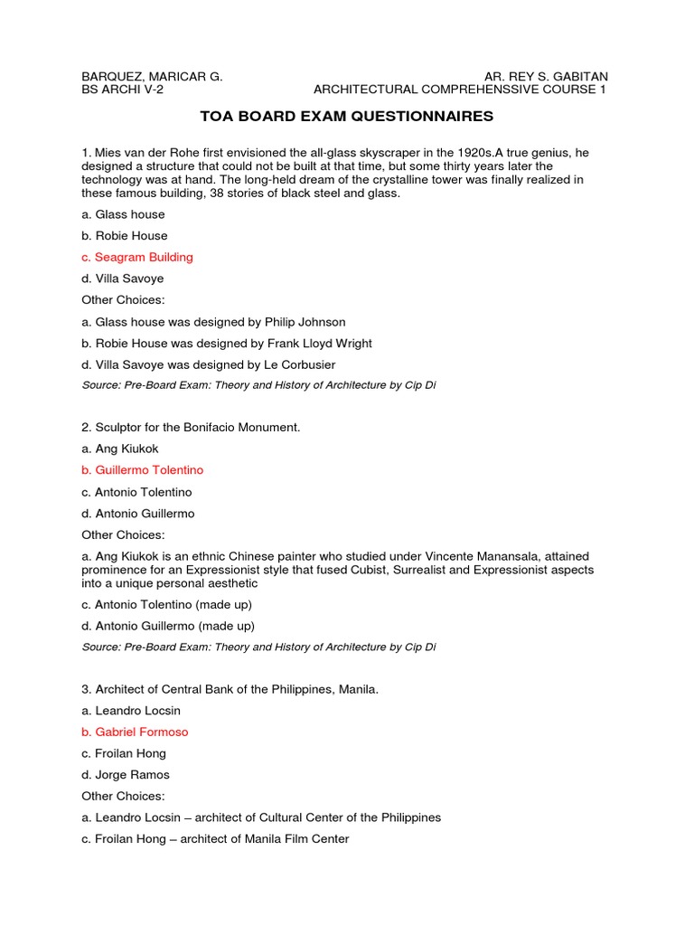 TOA Board Exam Questions | PDF | Color | Qualia